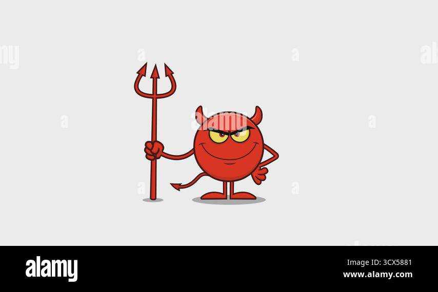 Red Devil Cartoon Emoji Character Holding A Pitchfork Over Flames Stock ...