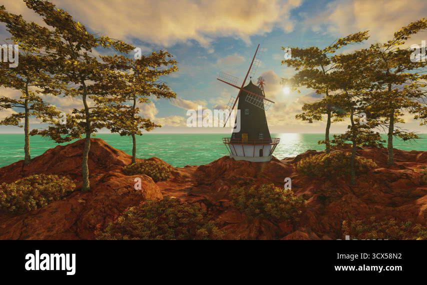 Wooden windmill on the edge of the lake in sunset time Stock Video ...