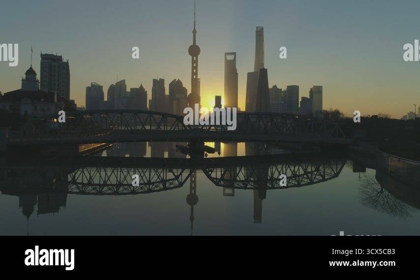 Panoramic Shanghai Skyline and Waibaidu Bridge at Sunrise. Lujiazui ...