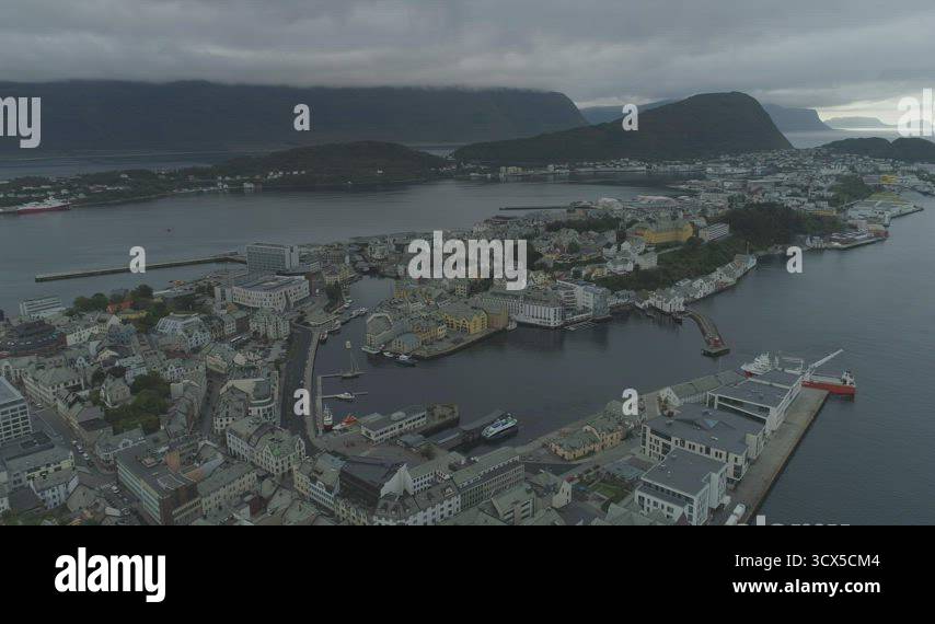 Alesund Town In Norway in Cloudy Day on Sea Coast. Aerial View. Drone ...