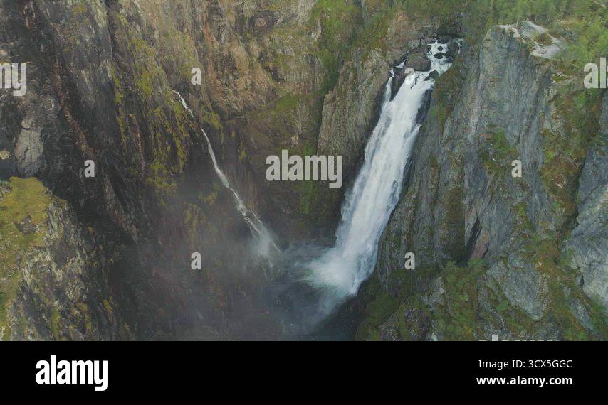 Voringfossen Waterfall and Cliff in Norway at Autumn Day. Aerial ...