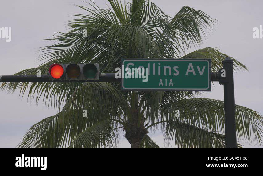 Collins Avenue Road Sign and Traffic Light in Miami Beach. USA Stock ...
