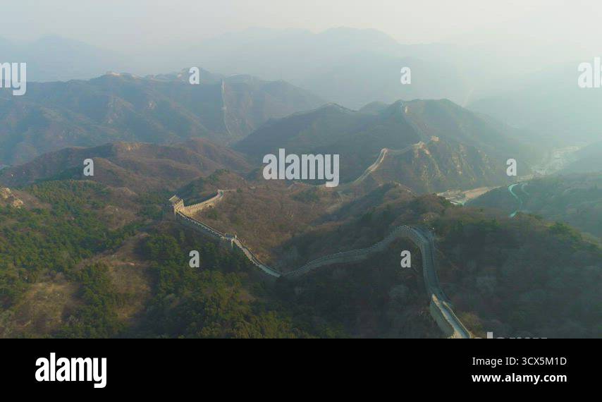 Great Wall of China and Green Mountains. Aerial Drone Shot. Flying ...