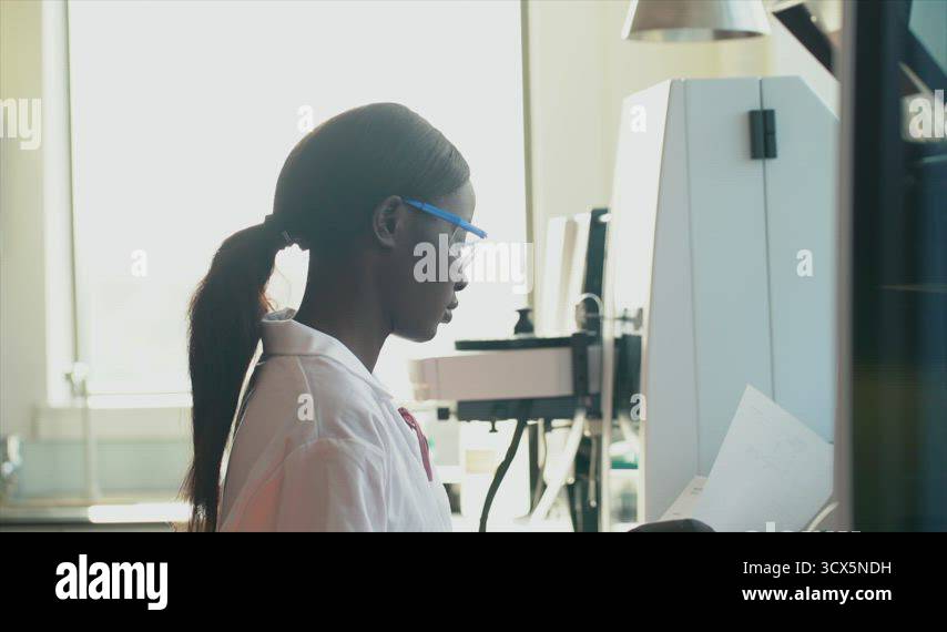 Woman scientist working at a laboratory bench, using equipment and ...