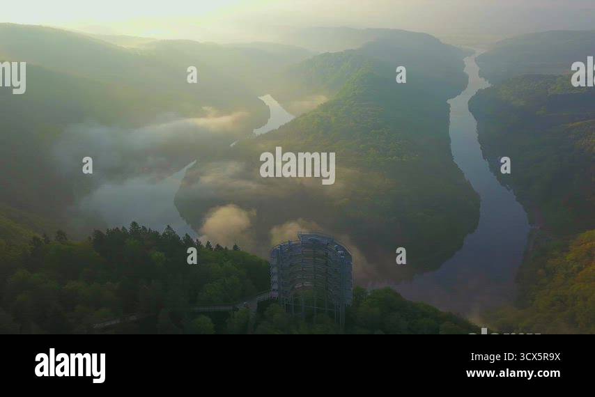 WS POV Fog over Big Loop of Saar River near Mettlach, Saarland, Germany ...