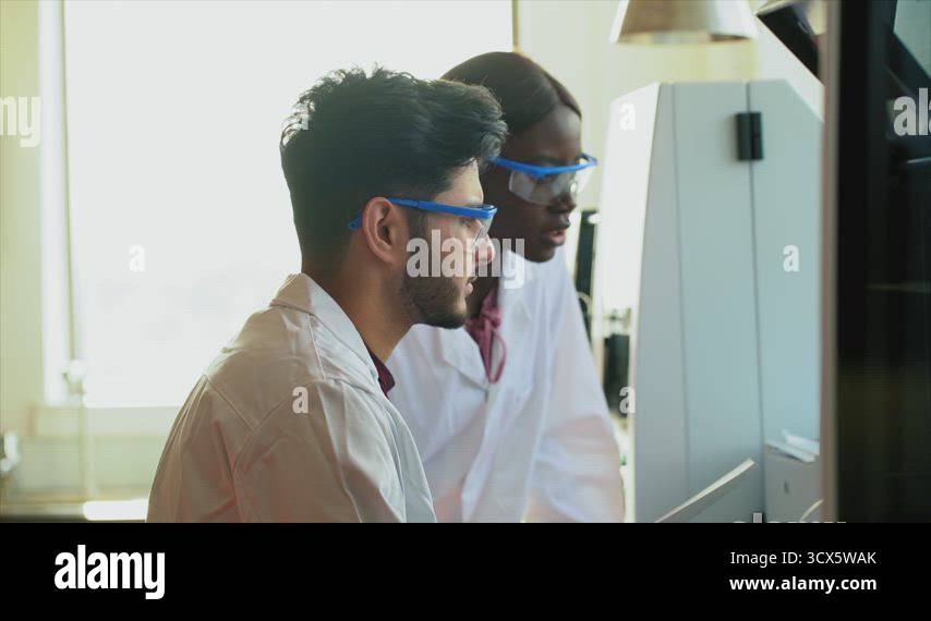 Two scientists working together on an experiment, discussing data from ...