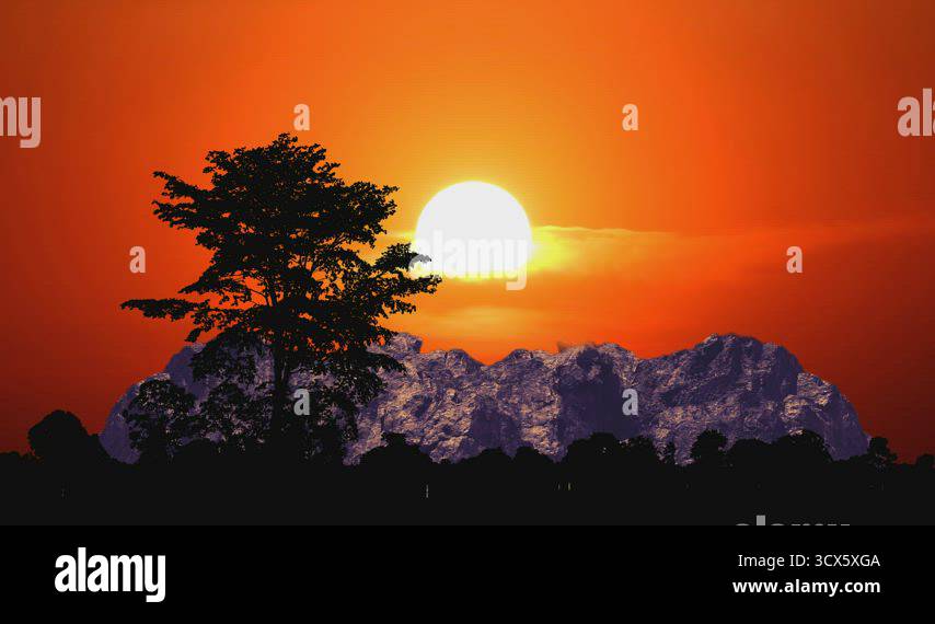 sunset red sky and super red moon rise back cloud and silhouette ...