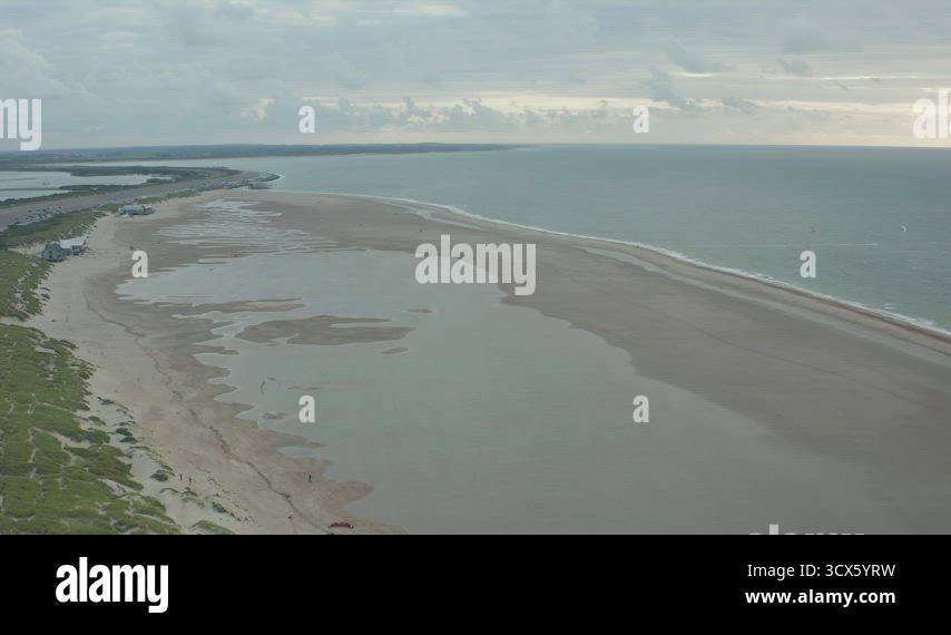 Establishing Aerial Wide View of North Sea Beach with Huge Water ...