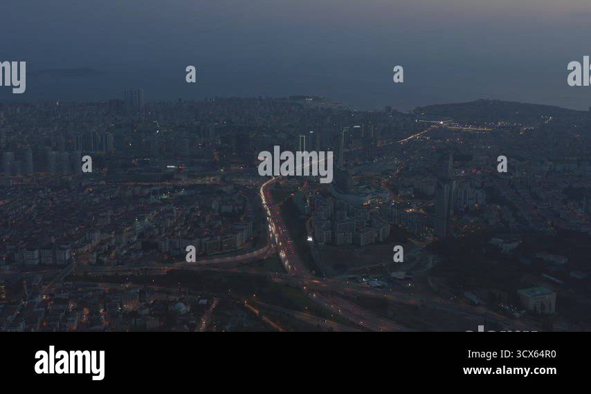 Wide Aerial View over Istanbul New Financial District at Dusk with ...