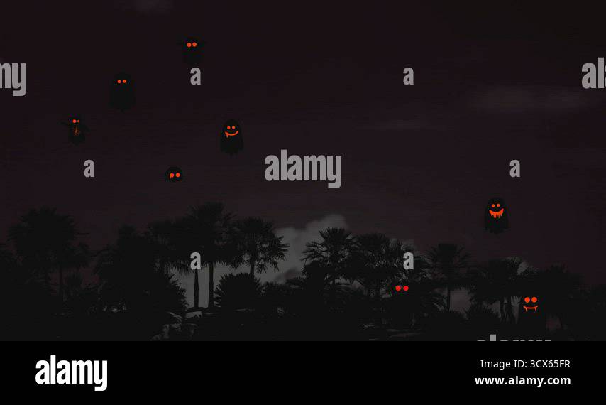 Halloween night sky back silhouette palm tree and evil spirits red ...