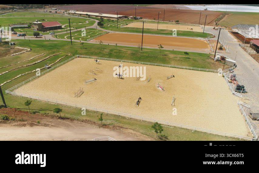 Aerial view above big house ranch or horse farm outdoor at the country ...