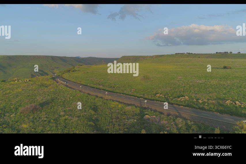 Aerial shot above Golan Heights and Taiberia in North of Israel. Open ...