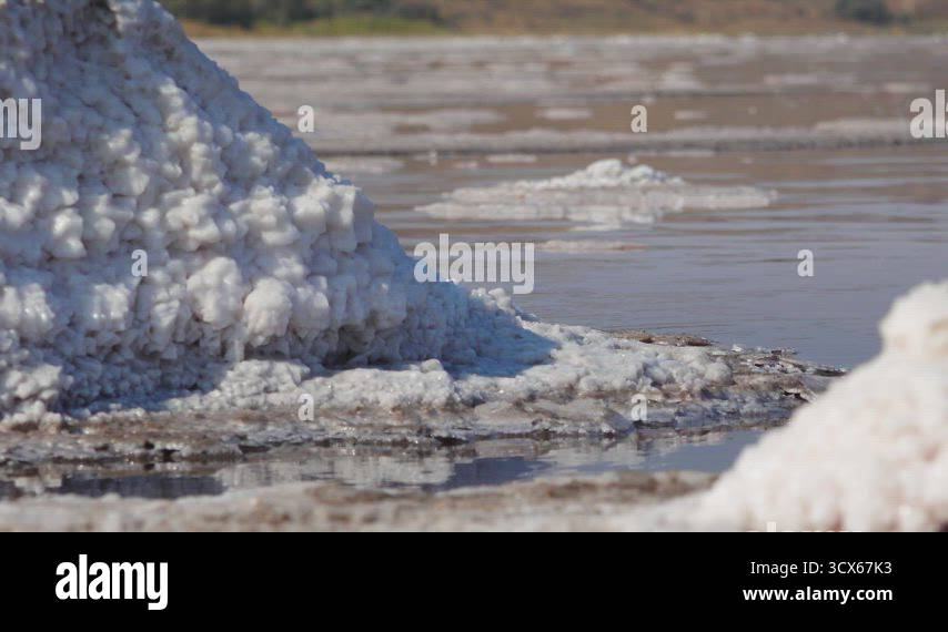 Salt lake, salt crystals. Self-settling salt covers the stones ...