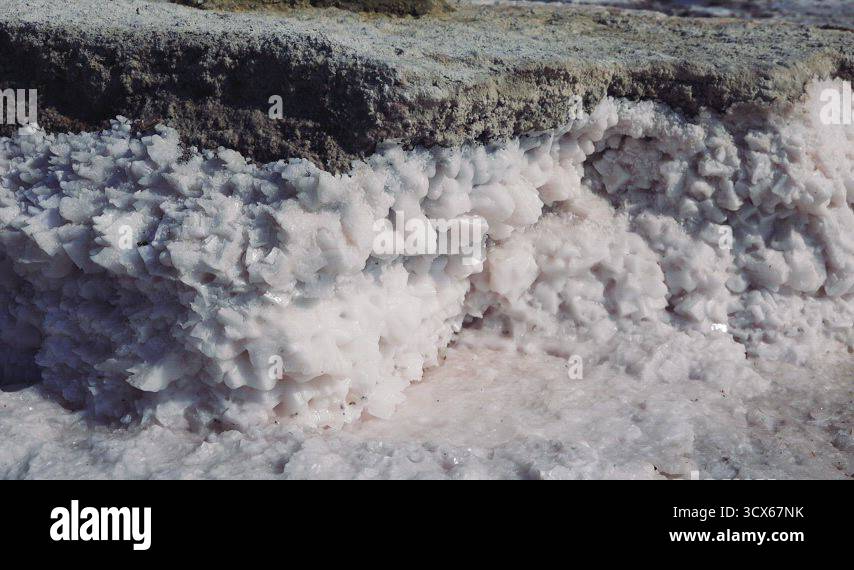 Salt lake, salt crystals. Self-settling salt covers the stones ...