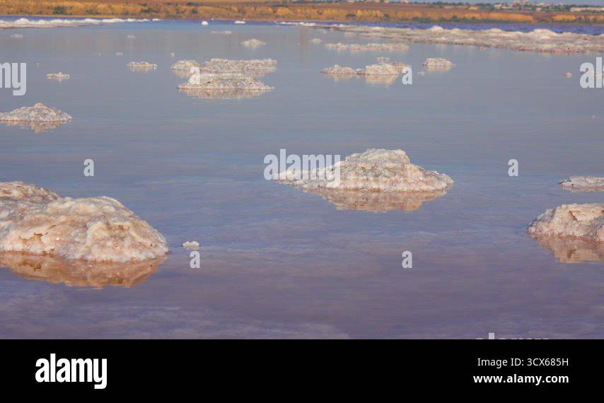 Salt lake, salt crystals. Self-settling salt covers the stones ...