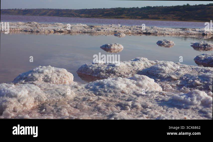 Salt lake, salt crystals. Self-settling salt covers the stones ...