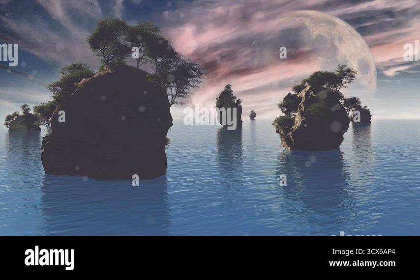 Rocky islands. Giant moon Stock Video Footage - Alamy