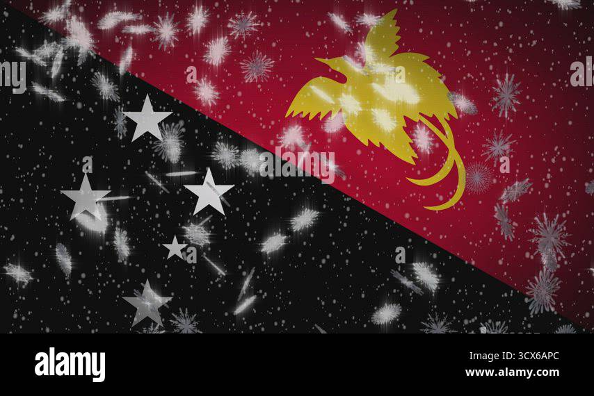 Papua New Guinea flag falling snow loopable, New Year and Christmas ...