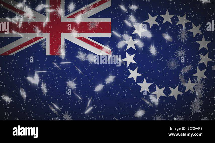 Cook Islands flag falling snow loopable, New Year and Christmas ...