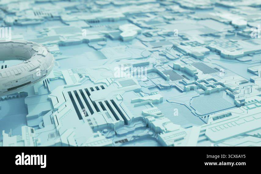 White and light blue abstract high tech structure with a torus object ...