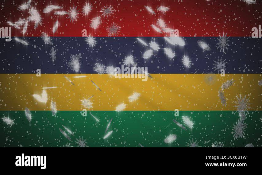 Mauritius flag falling snow loopable, New Year and Christmas background ...