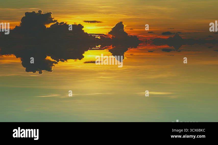 Reflection of sunset and rainbow colorful sky and dark cloud moving on ...