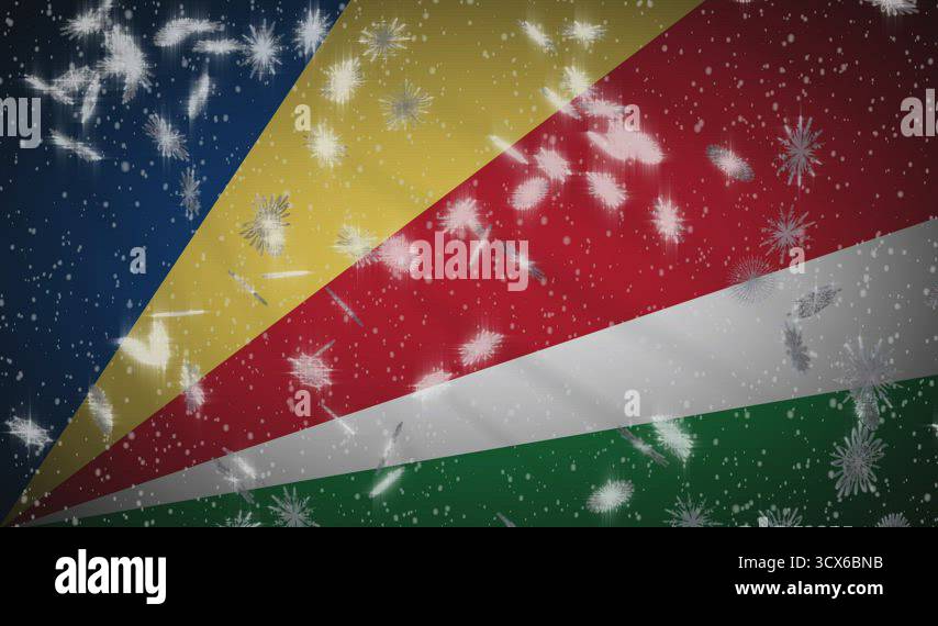Seychelles flag falling snow loopable, New Year and Christmas ...