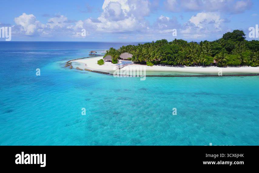 Aerial drone travel of relaxing coast beach holiday by shallow sea with ...