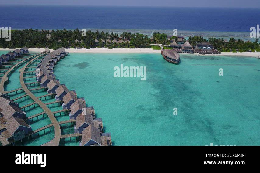Aerial drone panorama of beautiful bay beach journey by blue ocean with ...