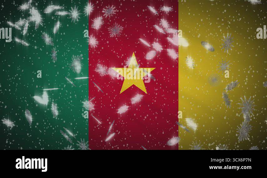 Cameroon flag falling snow loopable, New Year and Christmas background ...