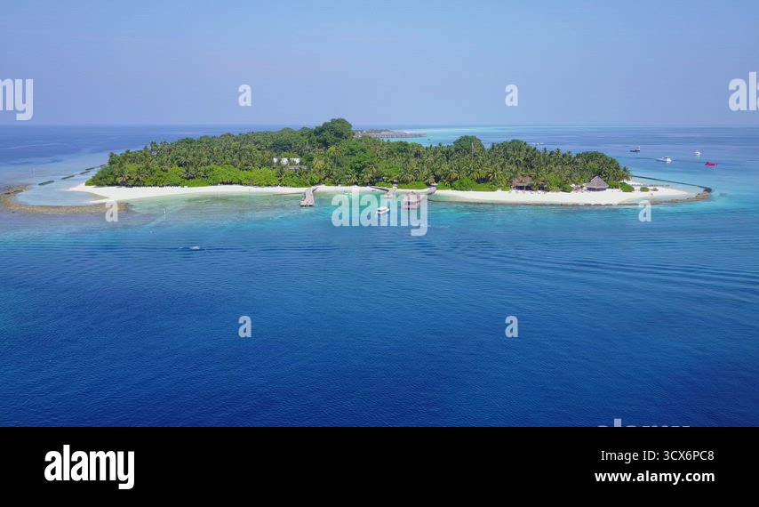 Drone aerial travel of luxury coast beach journey by turquoise lagoon ...