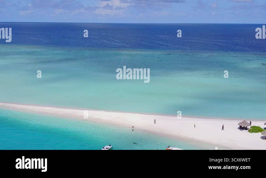 Aerial travel of relaxing tourist beach journey by blue ocean and white ...