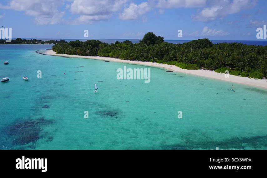 Aerial tourism of marine island beach adventure by clear sea and white ...