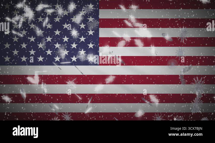USA flag falling snow loopable, New Year and Christmas background, loop ...