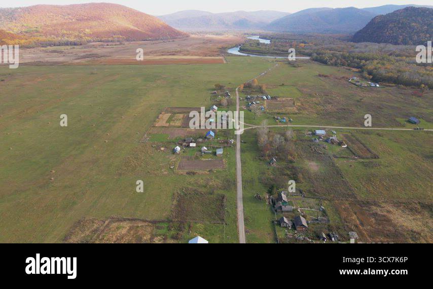 View from above. The village of Old Believers Dersu in the Primorsky ...