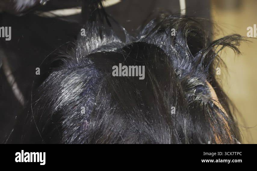Hair dye color applied on the scalp by a hairdresser wearing black ...
