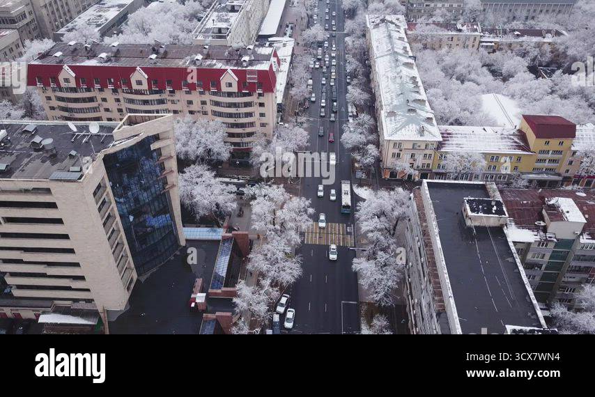 Snow-white trees among the stone houses of city Stock Video Footage - Alamy