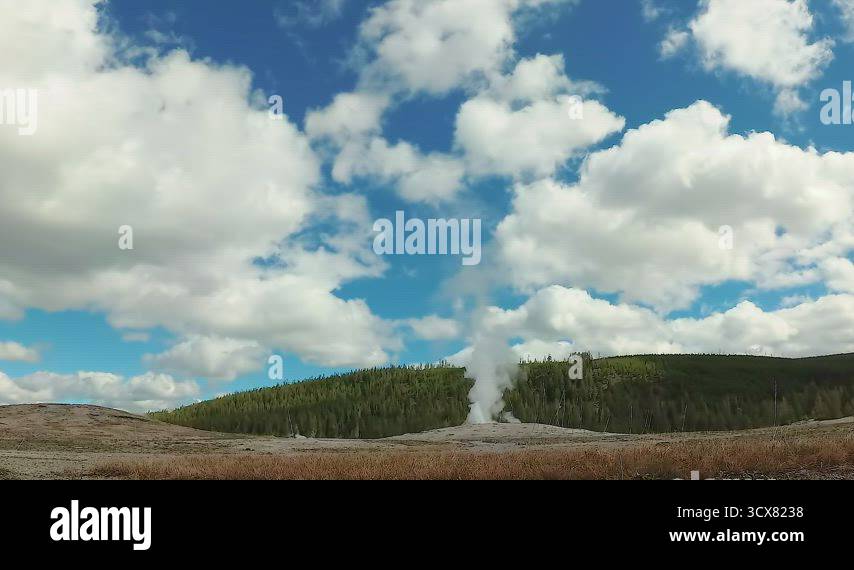 Geyser Old Faithful erupts in Yellowstone National Park in Wyoming, USA ...