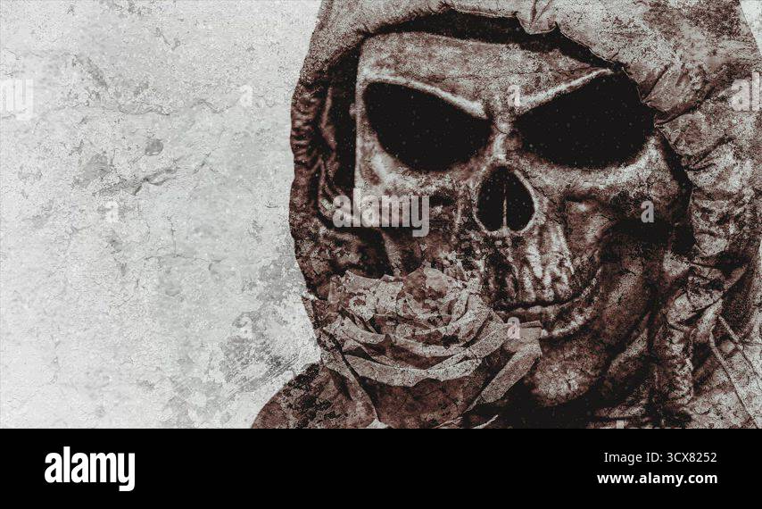 Modern depiction of death with a rose on a concrete wall in the Gothic style, as well as slowly ...