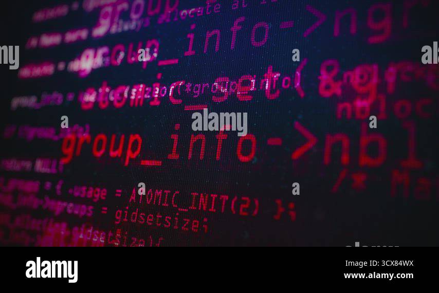 Close-up of Red Program Code on a Computer Screen in Defocus. Software development and hacking ...