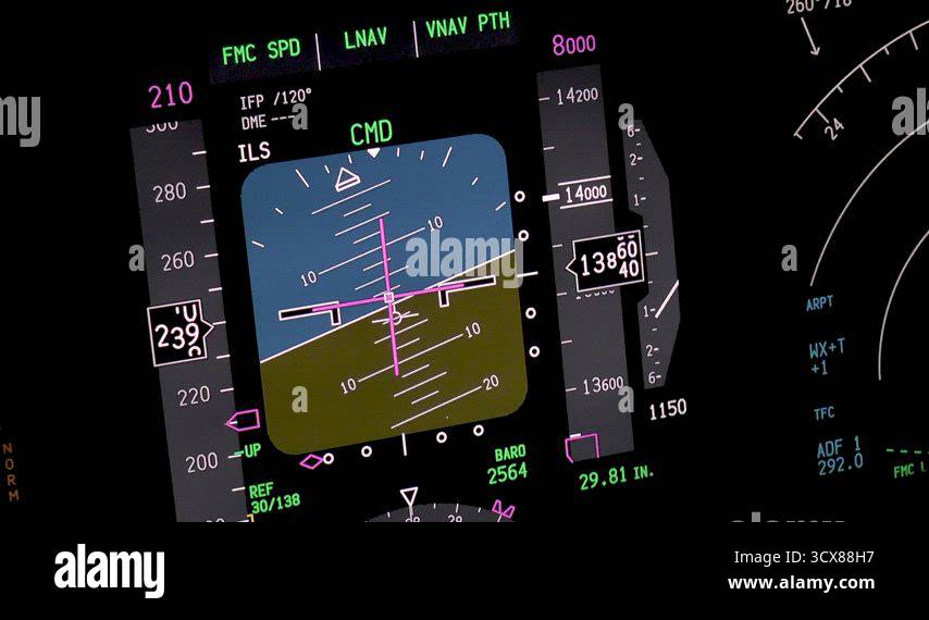 Aircraft primary flight display at night, actual aerial footage Stock ...