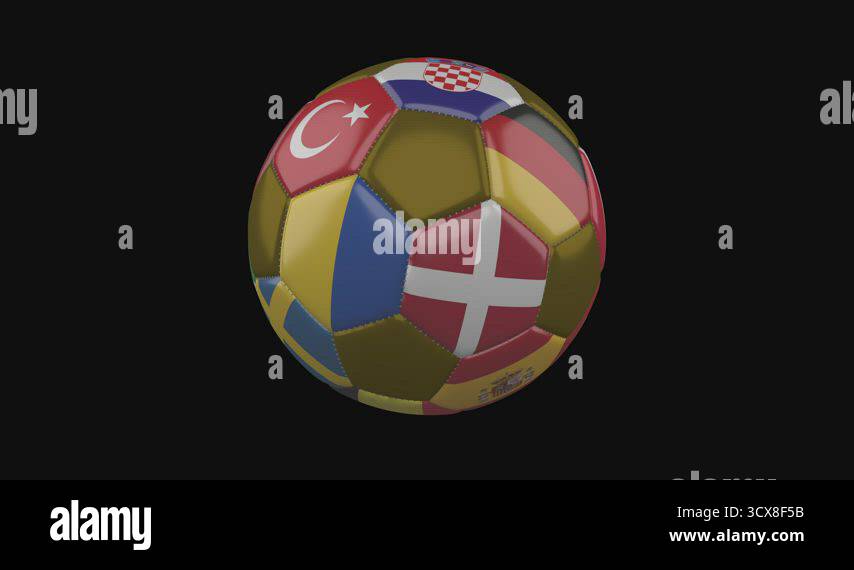 Flags of european countries on soccer ball quickly rotating on ...