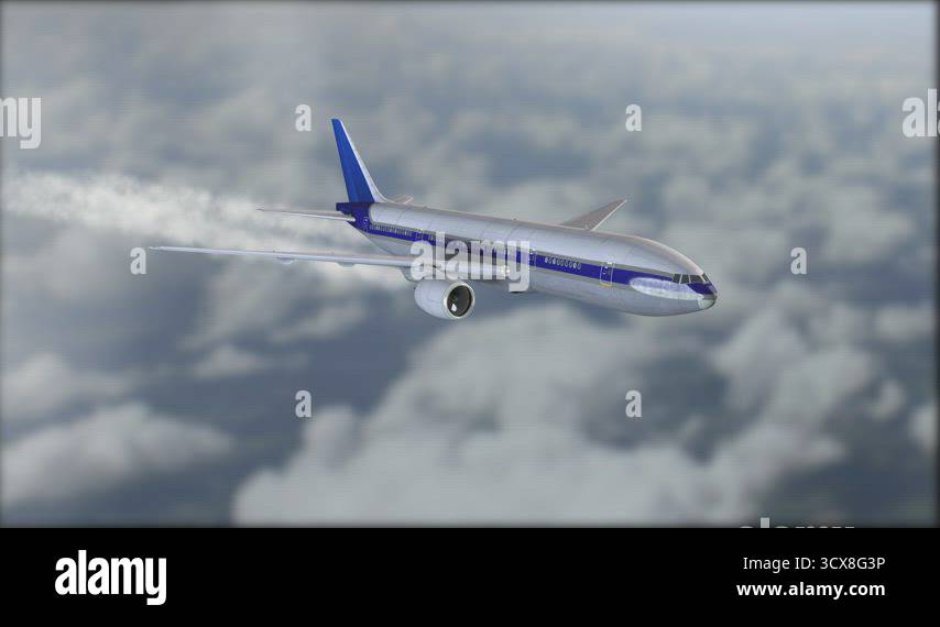 A white plane with a blue stripe is flying in the clouds. Blurred ...