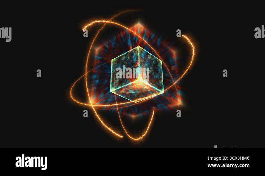 mystery dark blue wave cube empty core energy surface and atom moving ...