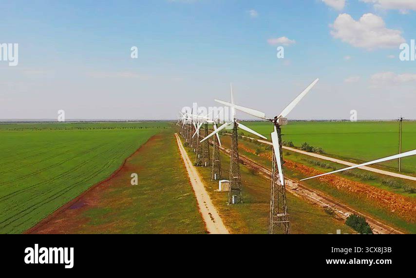 Wind farm in the green field. Evpatoria, Crimea Stock Video Footage - Alamy