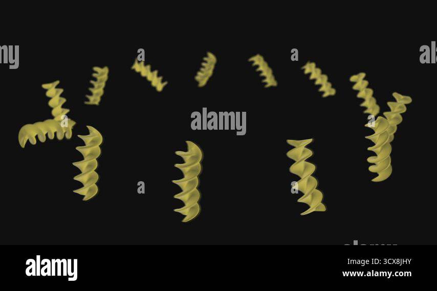 Pasta fusilli spinning in a circle. Rotation. Carousel. Selective focus ...