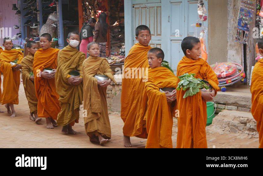 BHAKTAPUR, KATHMANDU, NEPAL - 18 October 2018 Young buddhist monks ...