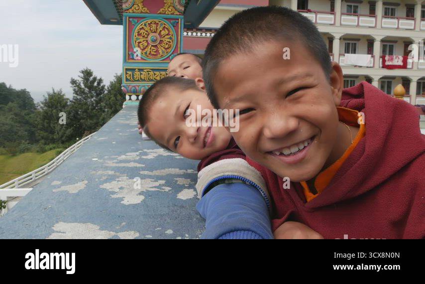 BHAKTAPUR, KATHMANDU, NEPAL - 18 October 2018 Laughing ethnic boys of ...