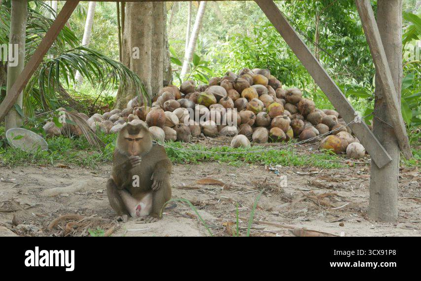 Cute monkey worker rest from coconut harvest collecting. The use of ...