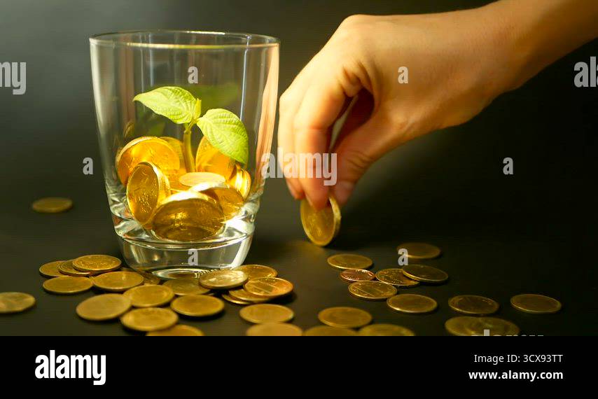 Golden coins in glass jar and green leaf of sprout on black background ...